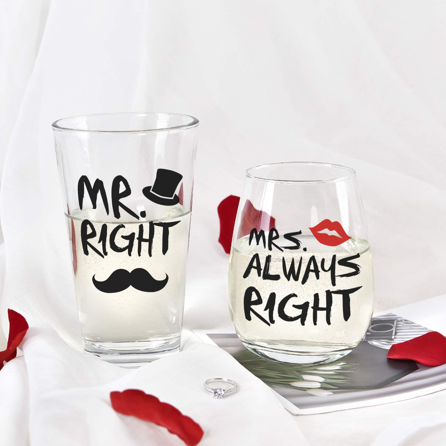 Mr. Right and Mrs. Always Right Wine Glass and Beer Glass Set, Glass Set for Engagement Wedding Anniversary, Couples Newlyweds Wife Husband Mr and Mrs