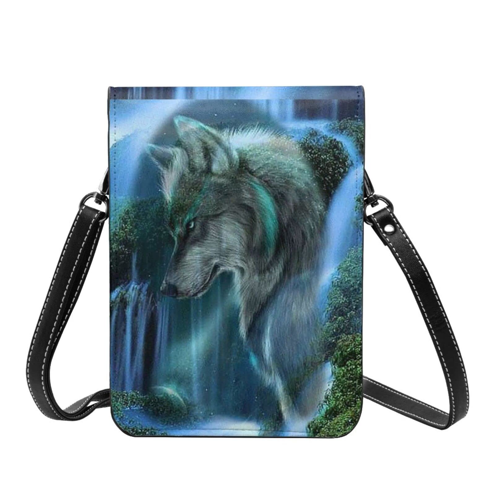 SKETVNHR Abstract Wolf Waterfall Galaxy Small Crossbody Cell Phone Purse for Women Soft Leather Fashion Travel Wallet with Adjustable Strap