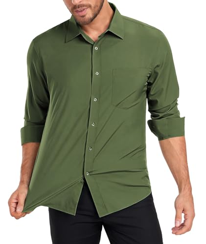 Men's Casual Button-Down Shirt Long Sleeve Regular Fit Dress Clothes Collared Plain Green XL Camisa De Hombre De Vestir