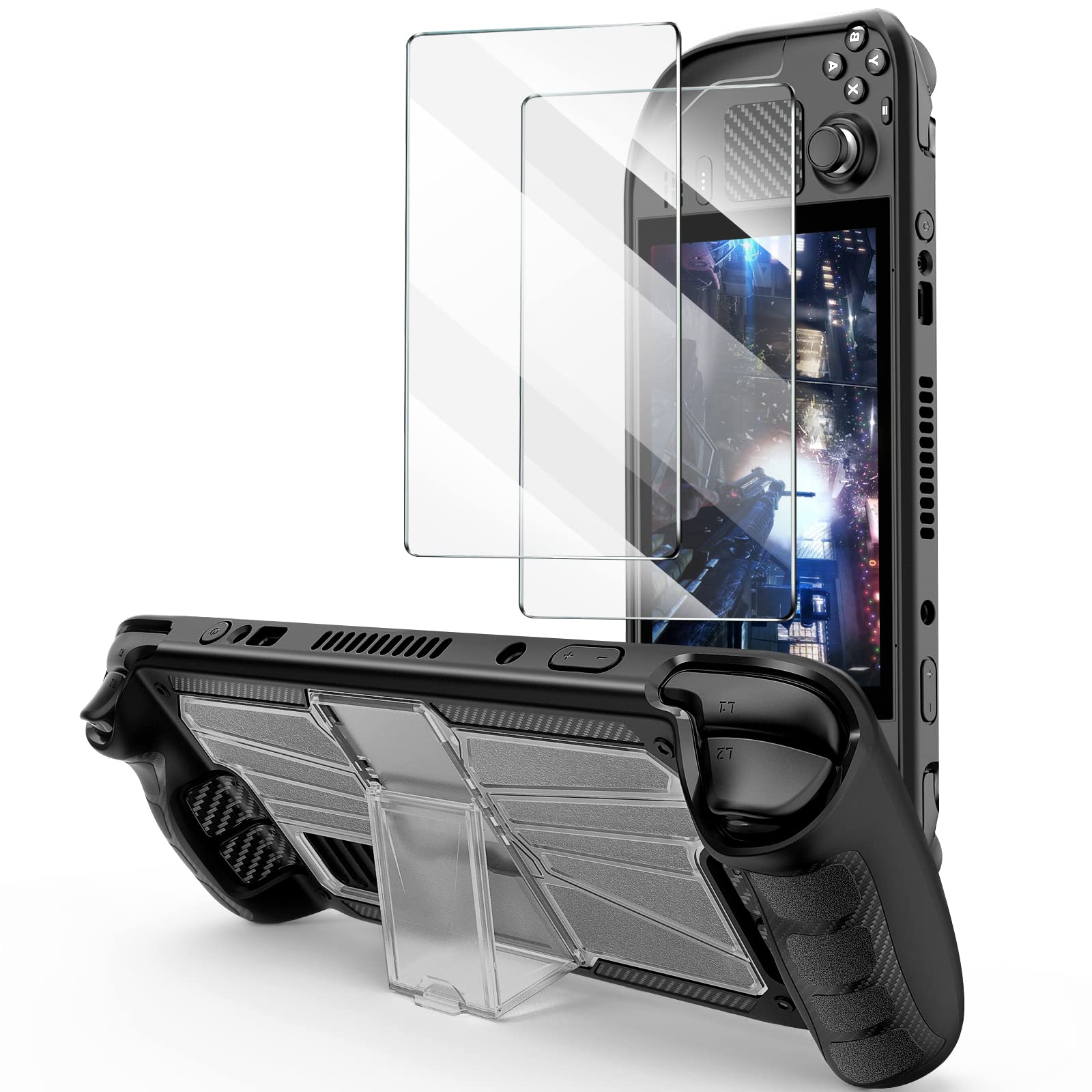 Qupite Steam Deck Case with Adjustable Kickstand 2 Screen Protectors, TPU + PC Steam Deck Cover with Stand, Shockproof Protector Case for Steam Deck Non-Slip Anti-Scratch Steam Deck Accessories