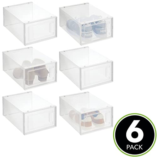 mDesign Stackable Plastic Closet Storage Box with Side Opening Panel- for Organizing Men's and Women's Shoes, Booties, Pumps, Sandals, Wedges, Flats, Heels, and Accessories, 6 Pack - White/Clear