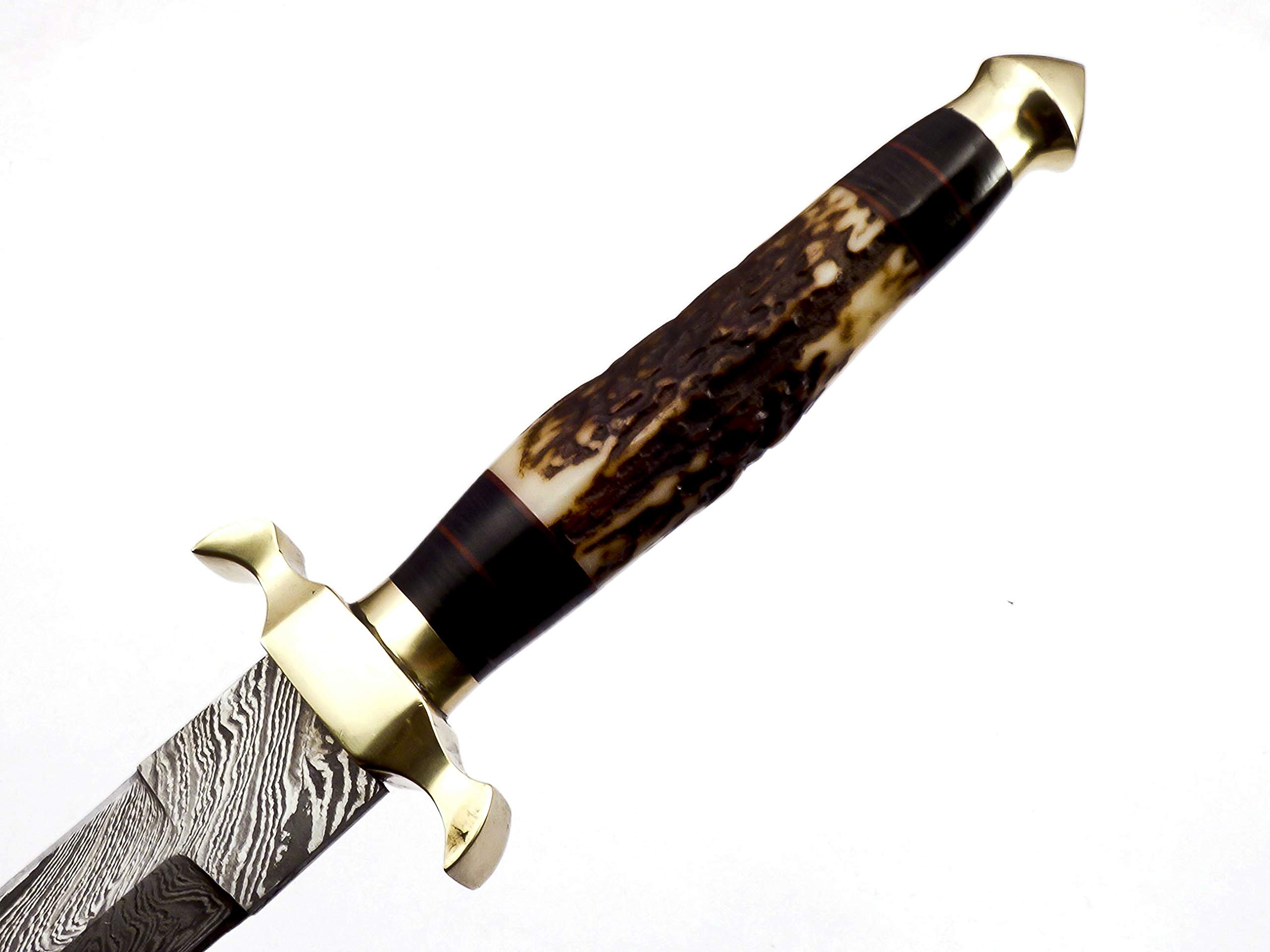 Mid American Cutlery Damascus Steel Fixed Blade Knife With Stag Antler Brass Pommel And Guard