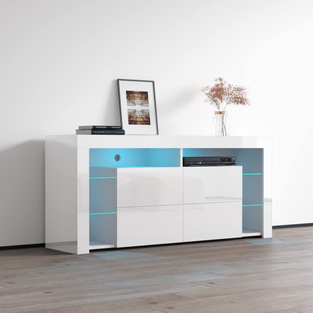 Meble Furniture Minelli TV Stand for TVs up to 70", Modern High Gloss 61" Entertainment Center, TV Media Console with Storage Cabinets and LED Lights