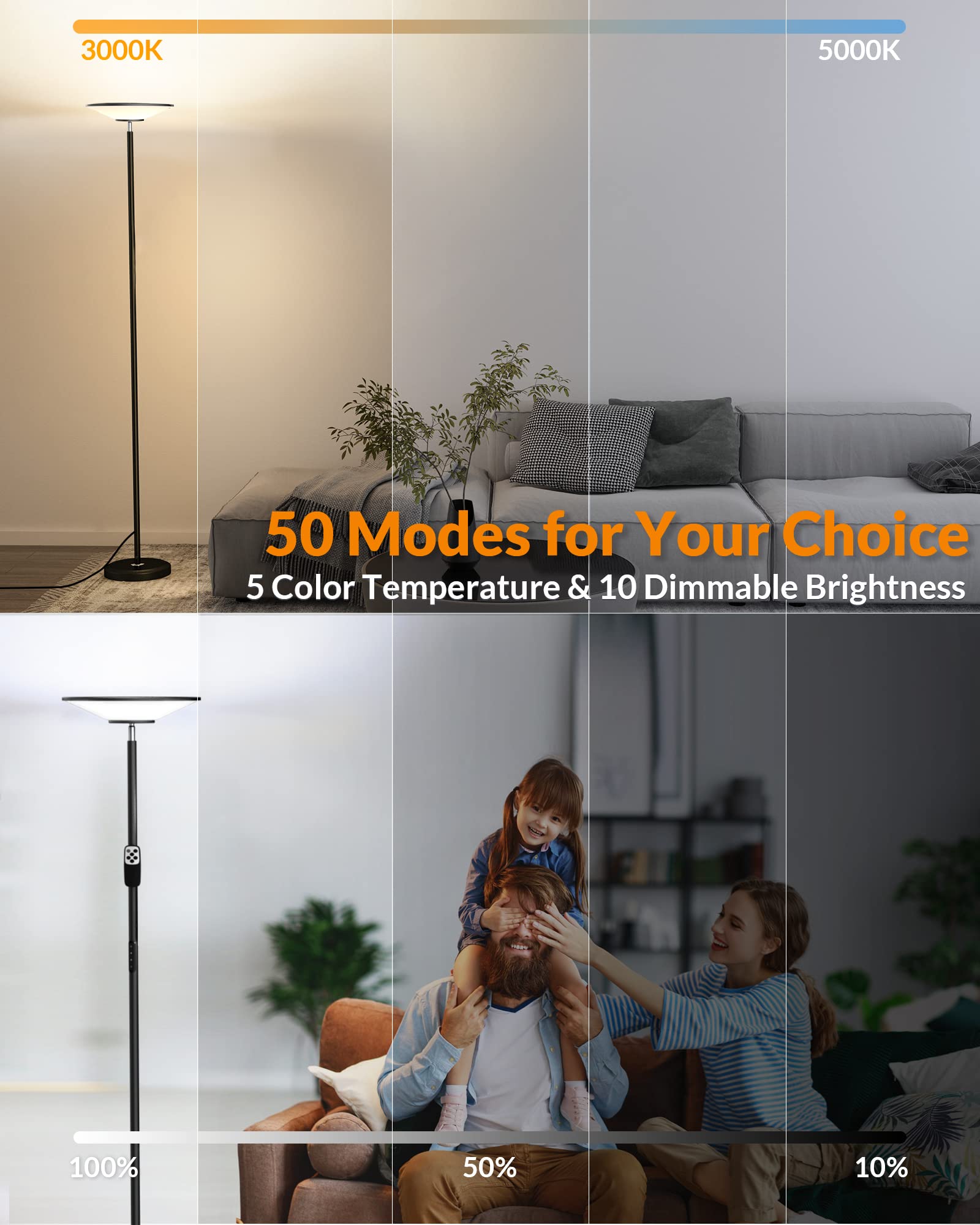 LEPOWER Bright Floor Lamp, Torchiere LED Standing Lamp with Wall Switch and Remote Control, 50 Lighting Effects Modern Pole Lamp, Tall Floor Lamps for Living Room, Bedroom, Office, Dorm, Corner