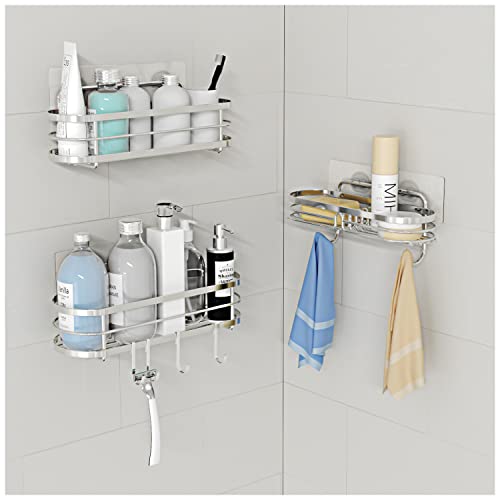 TreeLen 3 Pk-Adhesive Shower Shelves, Shower Wall Caddy, Bathroom Shower Organizer-Stainless Steel