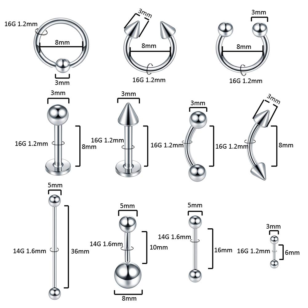 Xpircn Piercing Kit 14G 16G Body Piercing Jewelry Kit Tool, Mixed Piercing Needles 12G 14G 16G 18G 20G Disposable Hollow Piercing Needles