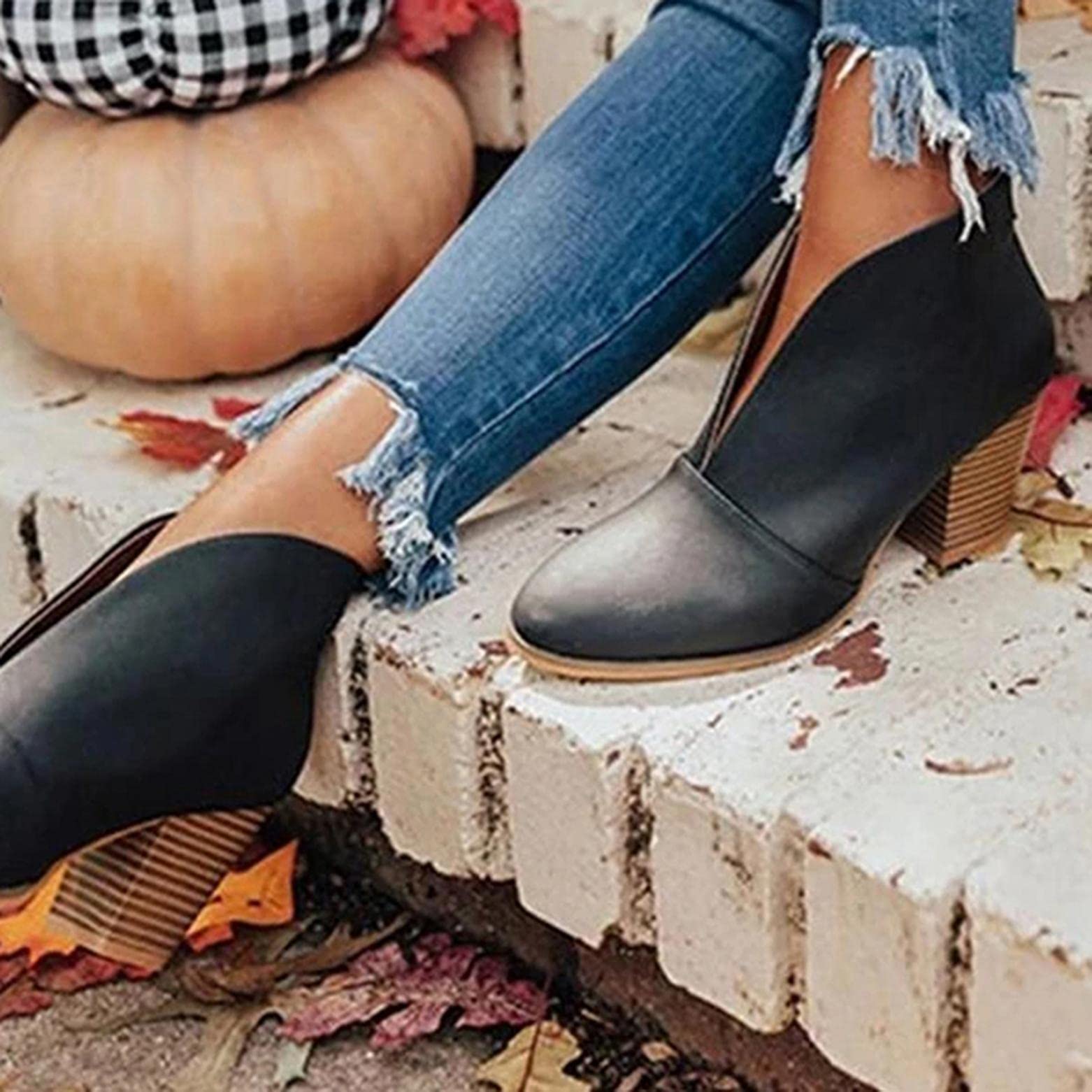 NOLDARES Boots for Women Low Heel V Cutout Ankle Boots Leather Winter Warm Stacked Chunky Heel Short Booties, Black, 7.5