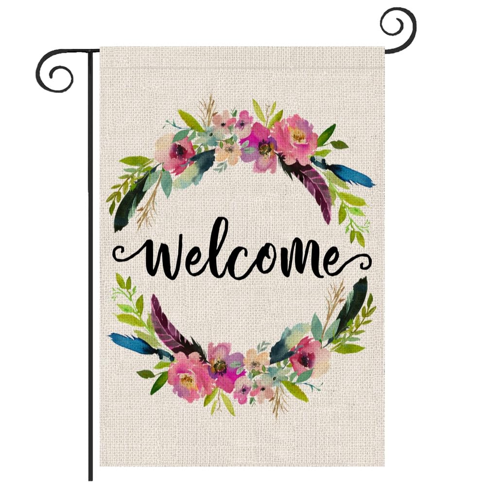 Spring Welcome Burlap Garden Flag (12x18, Double Sided) Small Mini Rustic Farmhouse Watercolor Decorative Yard Flag for Outside