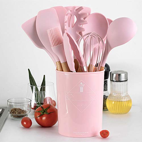 LMMDP Silicone Spatula Set Kitchen Utensils Non-stick Pan Special Leakage Cooking Spatula High Temperature Resistant Wooden Handle Baking Storage Bucket