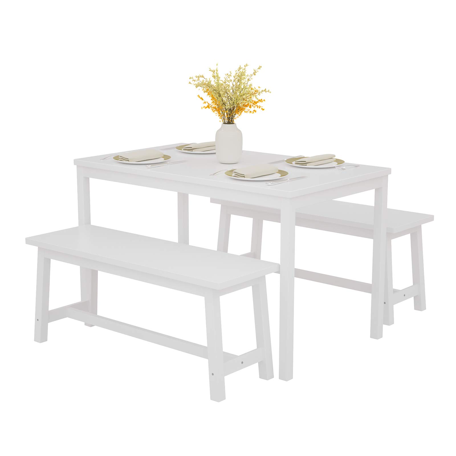 Mecor 3-Piece Dining Set Table with 2 Benches, Solid Pine Wood Tabletop and Benches Set for Home Kitchen Dining Room Furniture (White)