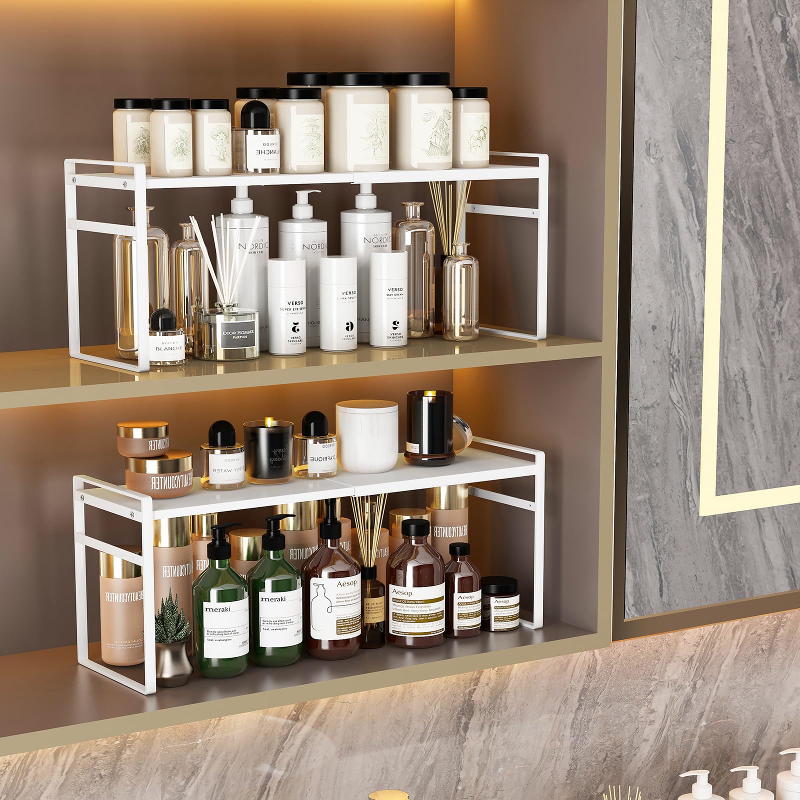 WOCHUANGSI 1pcs Medicine Cabinet Organizer Stretchable Storage Box For Bathroom Stackable Mirror Cabinets Vanity Small Narrow Shelf Slim Trays Holder (White, Normal)