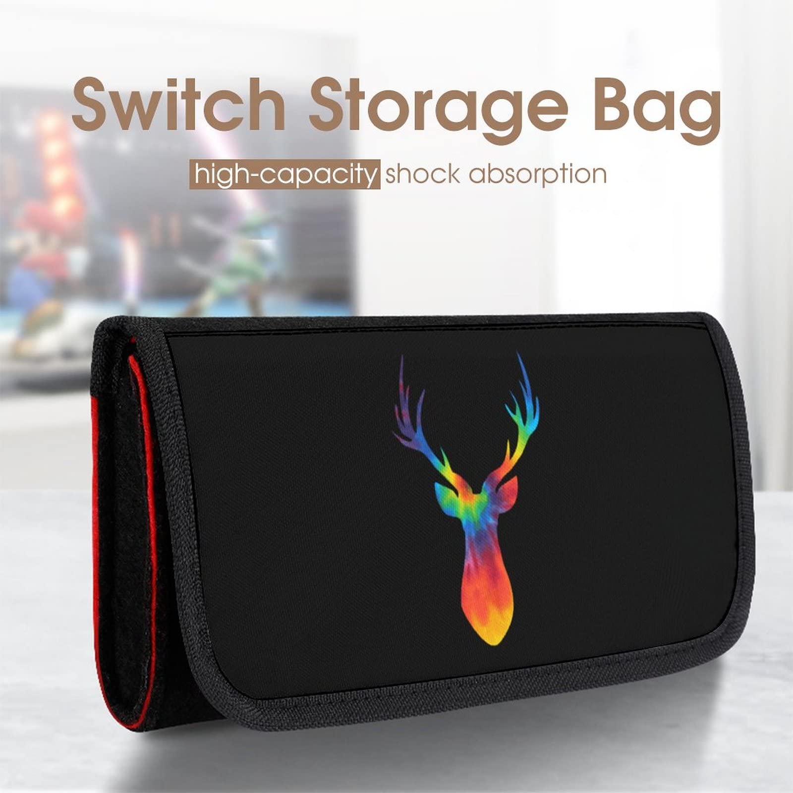Tie Dye Deer Head Carrying Bag Compatible with Switch Protective Case Slim Felt Pouch with 5 Game Cartridges Holders