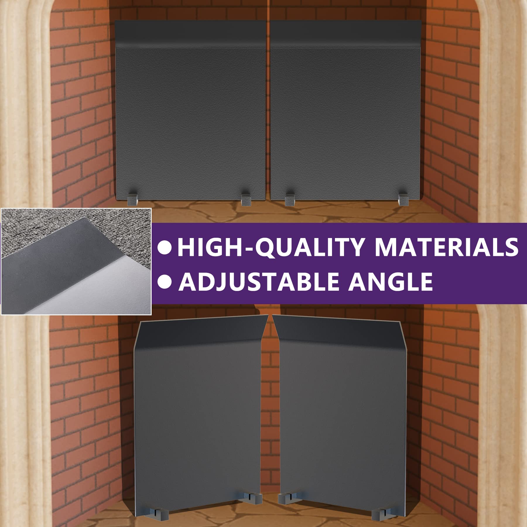 Mxclimate Adjustable Fireback with Support Legs, Heavy Duty Fireplace Wall Protector and Heat and Radiant Reflector, Flexible Reflecting Angle, Fits Firebox Width from 13" to 26", 2 Pack, Black