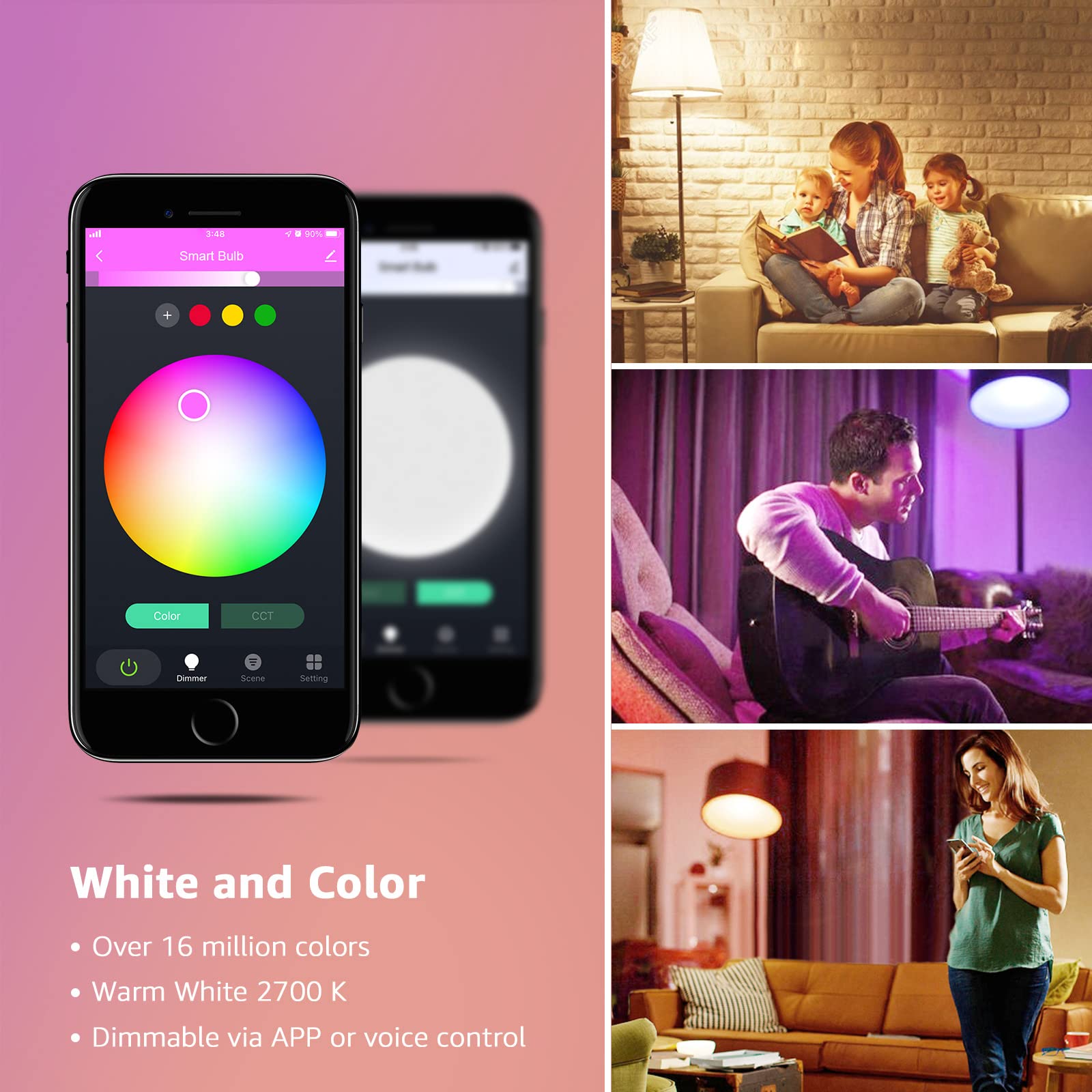 LE Smart Light Bulbs, LED Color Changing Lights, Works with Alexa and Google Assistant, RGB & Soft Warm White, 60 Watt Equivalent, Dimmable with App, A19 E26, No Hub Required, 2.4GHz WiFi Only