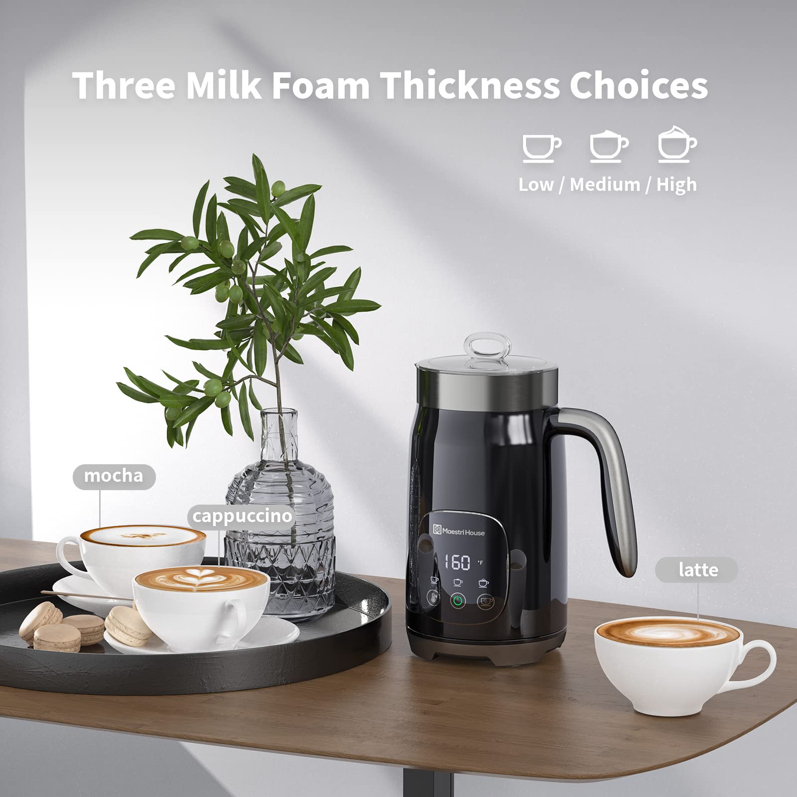 Maestri House Milk Frother, Variable Temp and Froth Thickness Milk Frother and Steamer, 14.1OZ/400ML Smart Touch Control Foam Maker, Memory Function for Latte, Warm Milk, Hot Chocolate