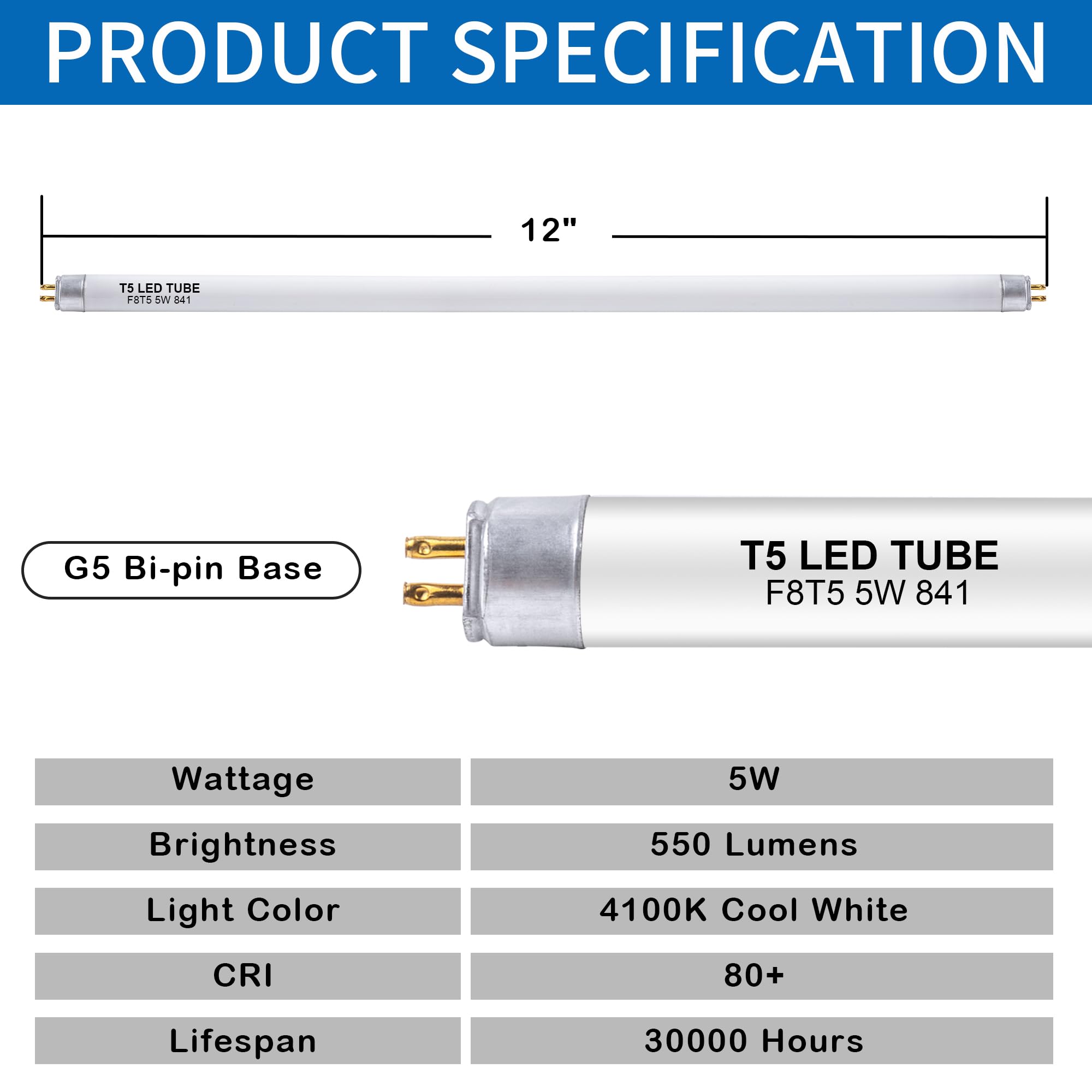 Wesome Lighting 12 Inch F8T5/CW LED Replacement Bulbs, 4100K Cool White, T5 LED 5 Watts Replace Fluorescent Bulb with LED, 550 Lumens, Replacement Tube for Counter and Cabinet Fixture, 4 Pack