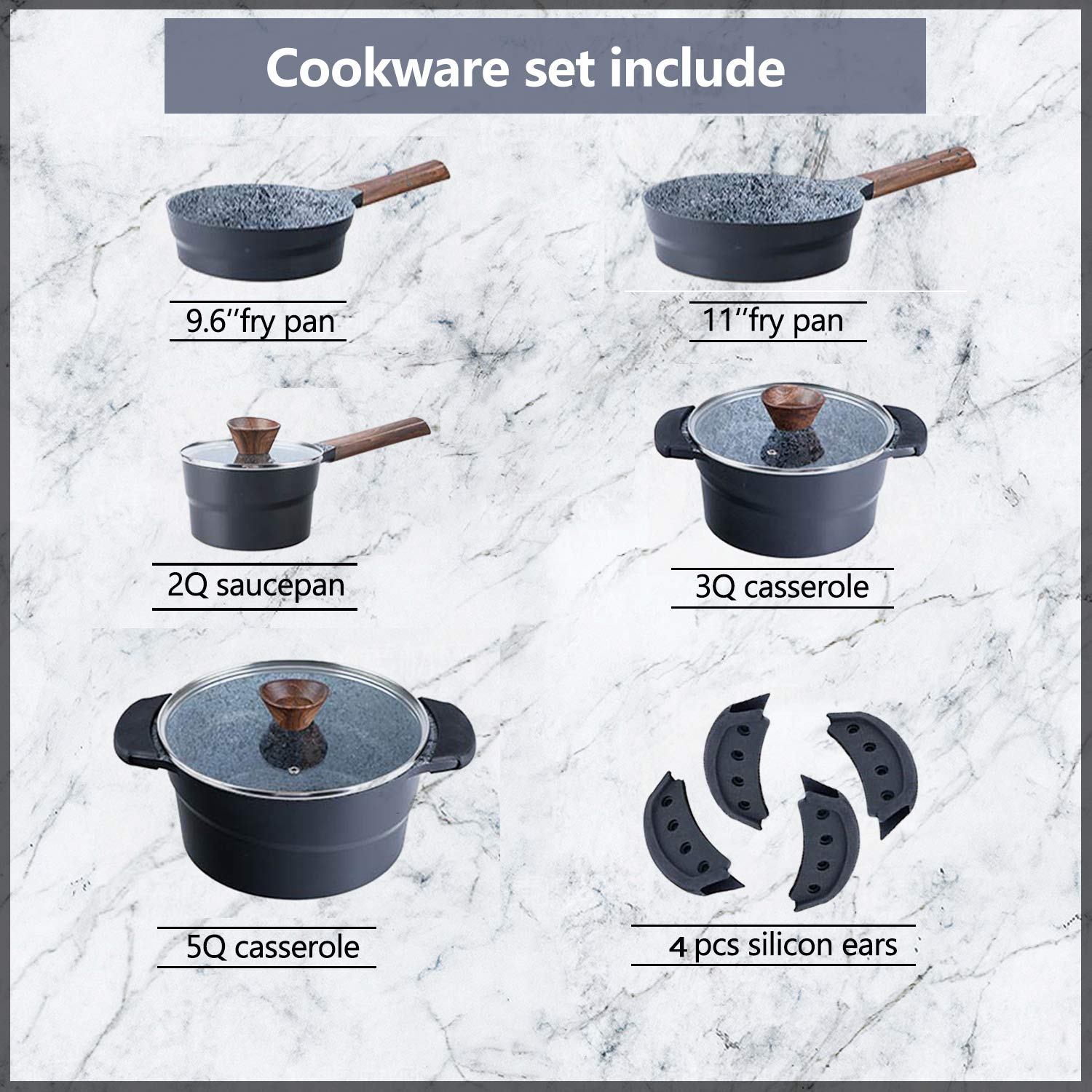 Kitchen Academy Induction Cookware Set - 12 Piece Cast Aluminum Pots and Pans Set, Granite Nonstick Cooking Pans Set