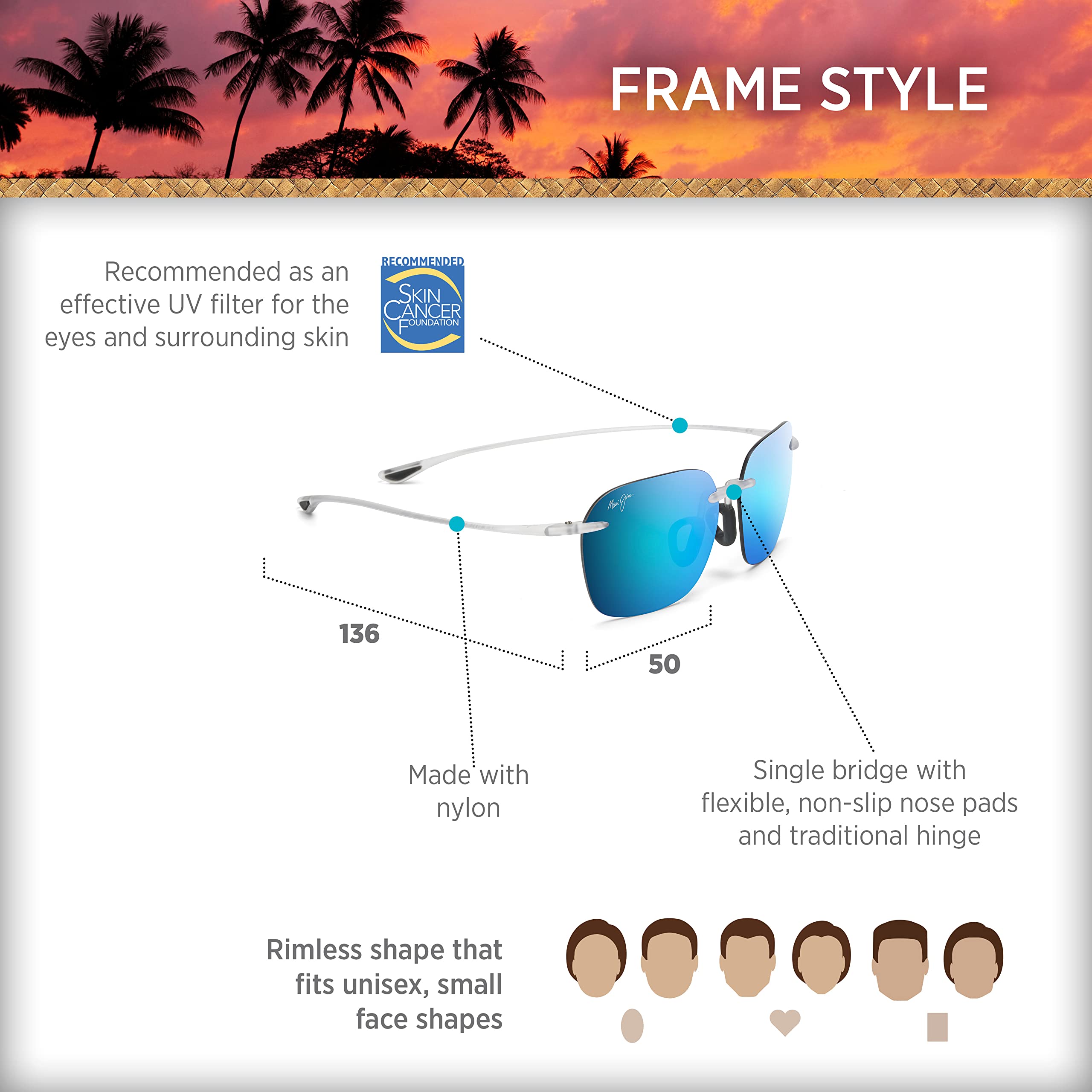 Maui Jim Men's and Women's Komohana Polarized Rimless Sunglasses, Crystal Matte/Blue Hawaii, Small