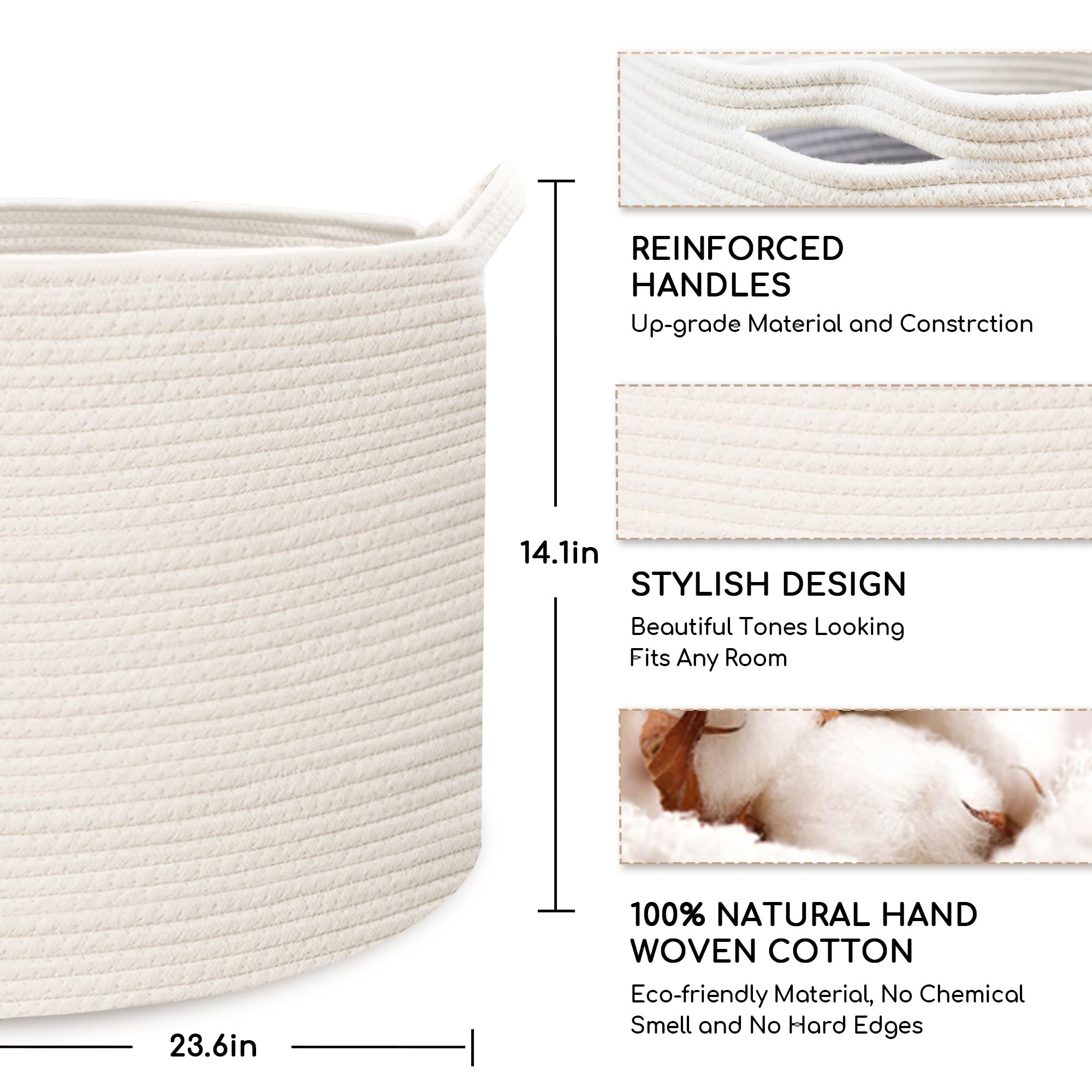 MXMHOME Large Blanket Basket Storage Blanket Basket 23.6"x23.6"x14.1" Living Room Woven Baskets for Storage Kids Baby Toy Bin Soft Rope Baskets for Organizing Wicker Laundry Baskets Large