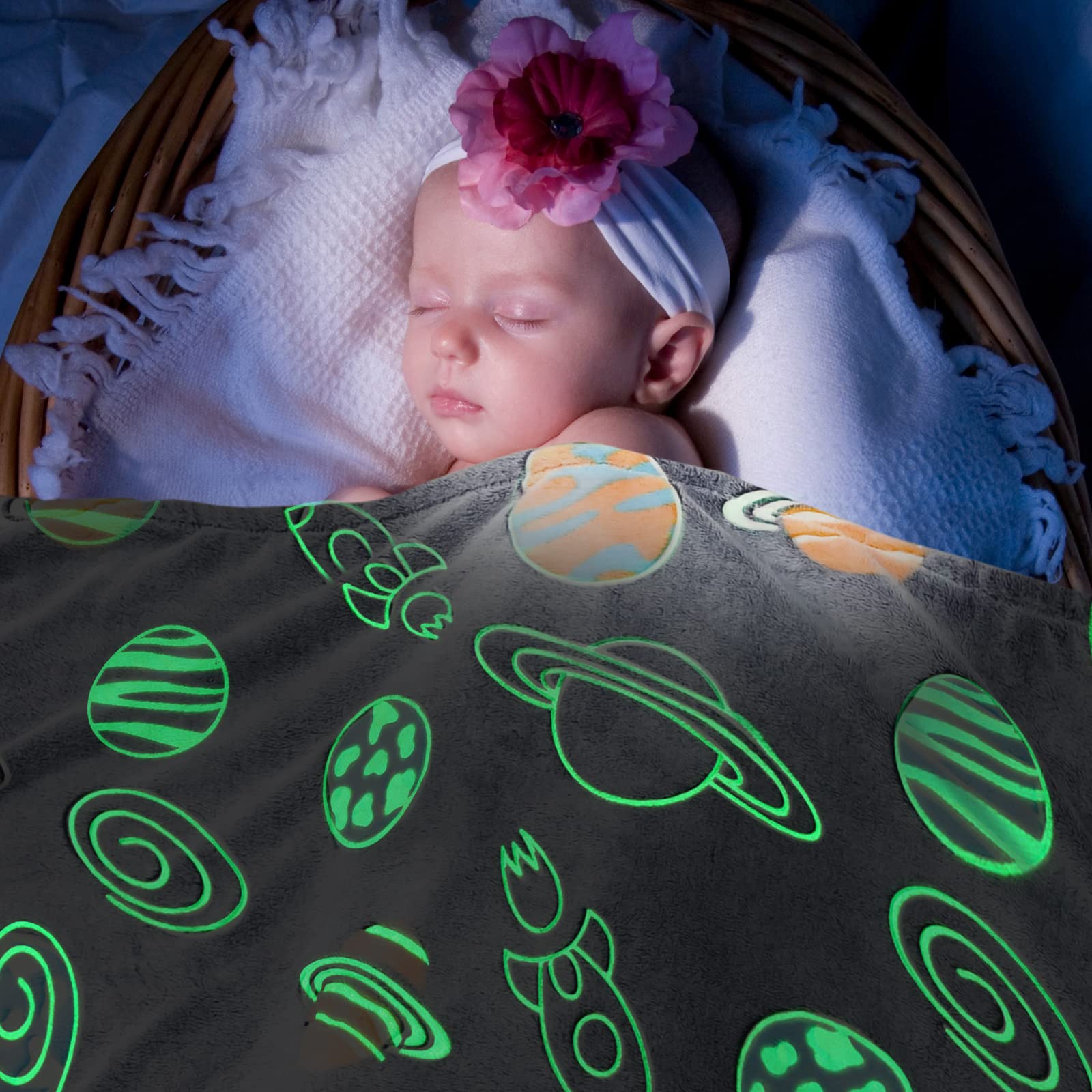 MeMoreCool Space Planet Glow in The Dark Throw Blanket - Soft Flannel Blanket for Kids and Adults, Decorative Luminous Throw for Bed Sofa Couch Car, Birthday, 50x60 Inches
