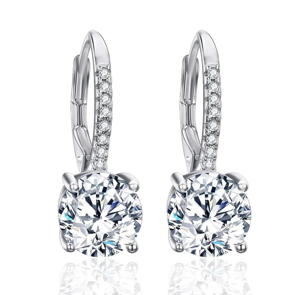 LeCalla 925 Sterling Silver Zirconia Leverback Earrings Jewelry Rhodium Plated Lever Back Drop Dangle Earring for Women 25mm
