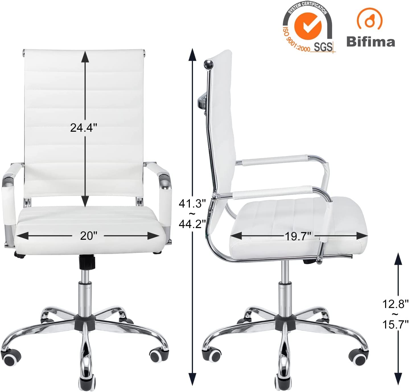 LUCKWIND Office Executive Desk Chair Ribbed - Ergonomic Modern PU Leather Conference Task Chairs Height Adjustable Tilt Rokcer Reception Swivel Arm Chair Rolling Mute (White)