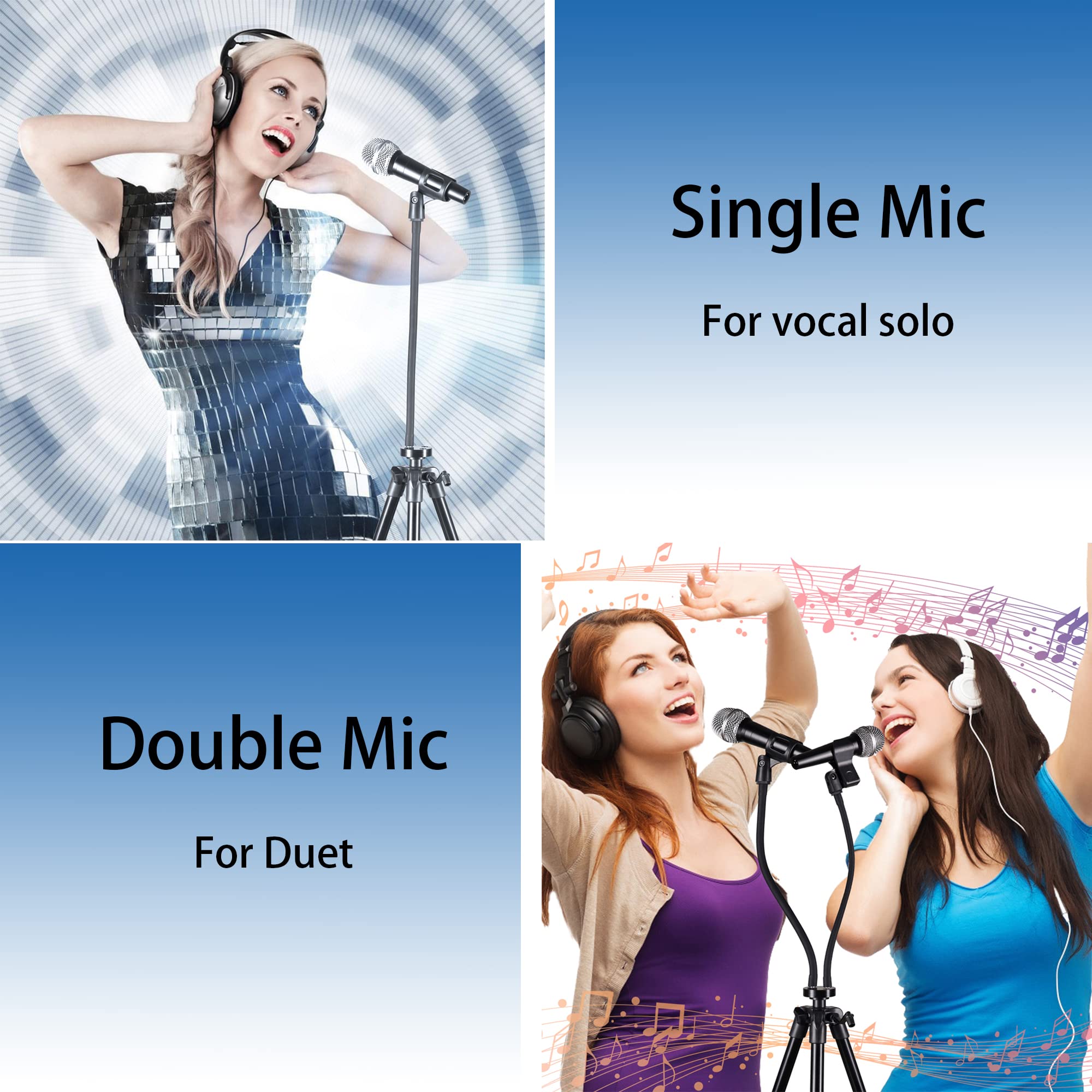 Kereal Microphone Stand Tripod Double Gooseneck for Most Mic, Portable Multifunction Mic Floor stand Adjustable Height 15” to 69” with Two Mic Clip and Phone Holder for Singing, Studio, Karaoke,DJ