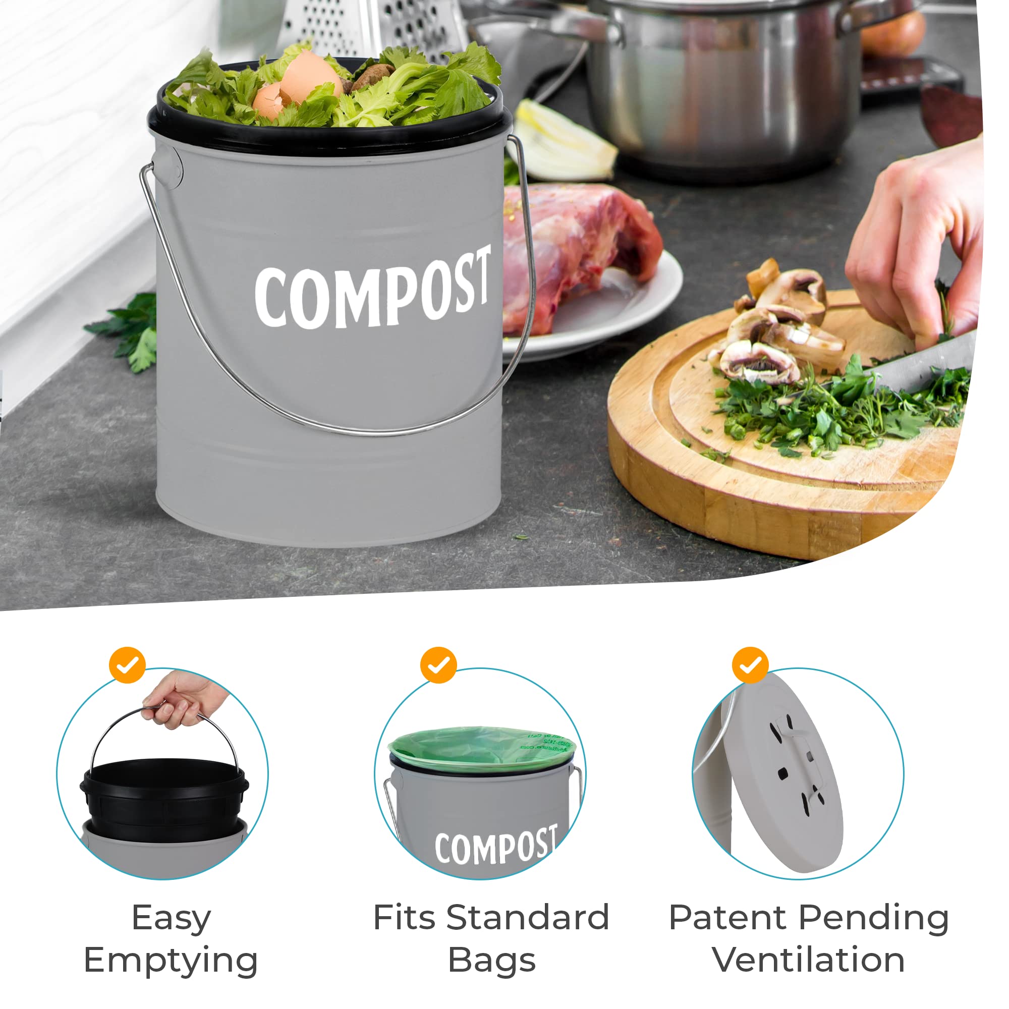 Kitchen Compost Bin by Saratoga Home - 1.3 Gal/5L Metal Compost Bucket for Kitchen Countertop, Kitchen Composter, Countertop Compost Bin, Compost Bin Kitchen, Kitchen Compost Bin Countertop, Gray