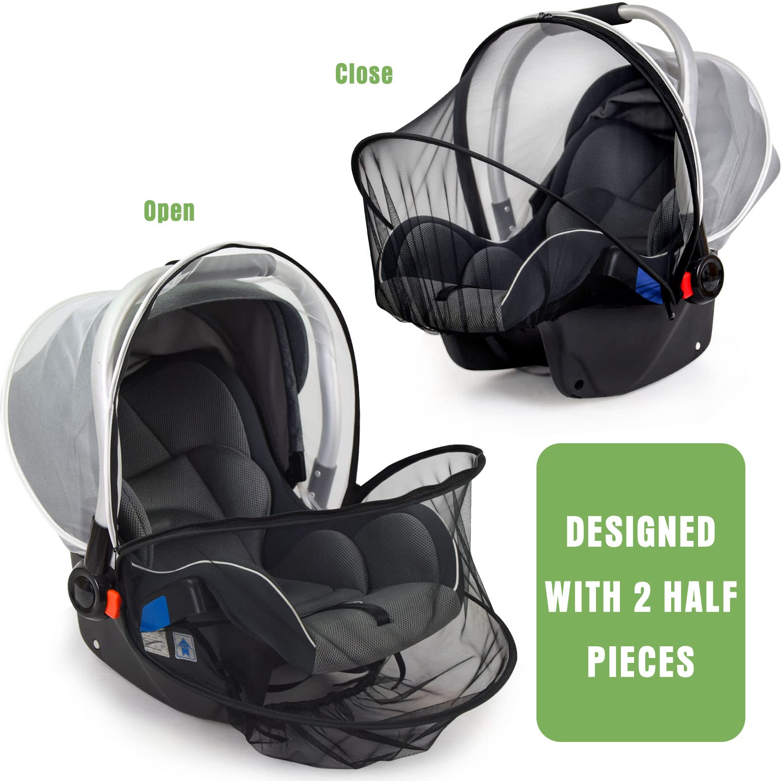Sysmie Car Seat Mosquito Net Cover, Mosquito Net for Stroller, Sun Shade for Strollers Easy to Open and ClosDouble Zipper Design, Easy Use for Strollers, Car seat,Bassinet,Cradle (Black/White)