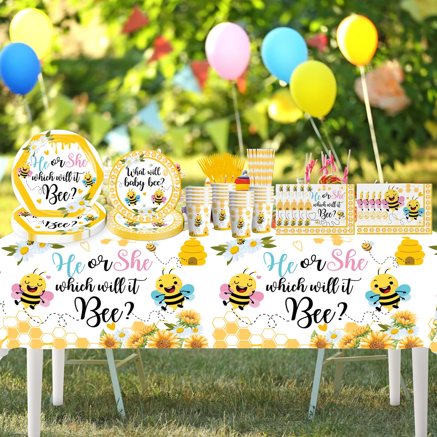 Yingoto 168pcs What Will it Bee Gender Reveal Decorations Tableware Set, Bee Gender Reveal Decorations Include Banner, Plates, Napkins, Tablecloth, Bee Party Decorations for Baby Shower, Serve 25