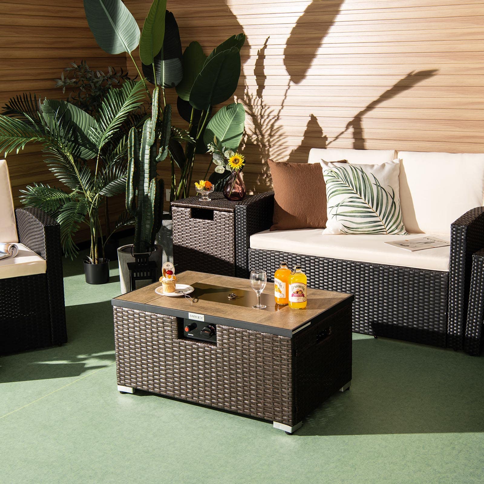 Tangkula 2 Piece Outdoor Propane Fire Pit Table Set with Hideaway Propane Tank Holder, Patiojoy 40,000 BTU Rattan Wicker Fire Pit Table with Lava Rocks, Waterproof Cover, Ideal for Backyard, Patio