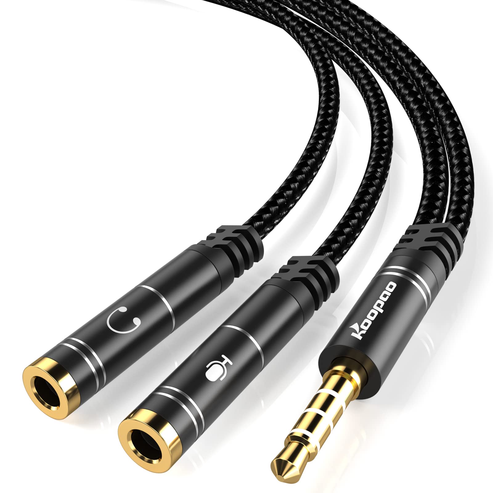 KOOPAO 3.5mm Mic and Headphone TRRS Splitter, Microphone and Audio Combo Headset Adapter, Compatible with PS4, PS5, Xbox One S, Nintendo Switch, Cellphone, Laptop, PC, Dual Jack Headsets, (Braided)
