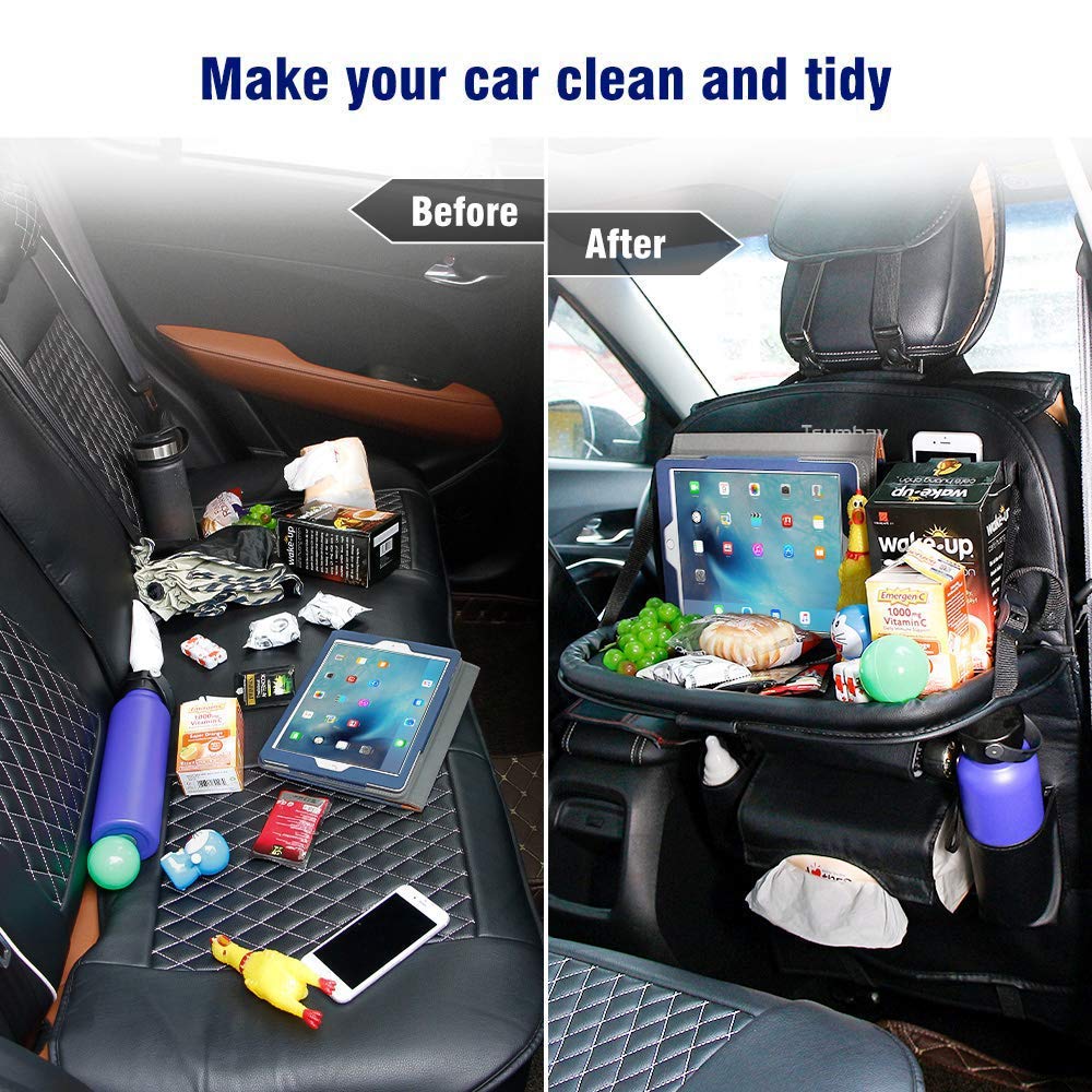 Moikin Car Seat Back Backseat Organizer with Foldable Table Tray, PU Leather Kick Mats Seat Back Protectors with Foldable Dining Table Holder Space Saving Pocket Storage for Baby and Kids (Black)
