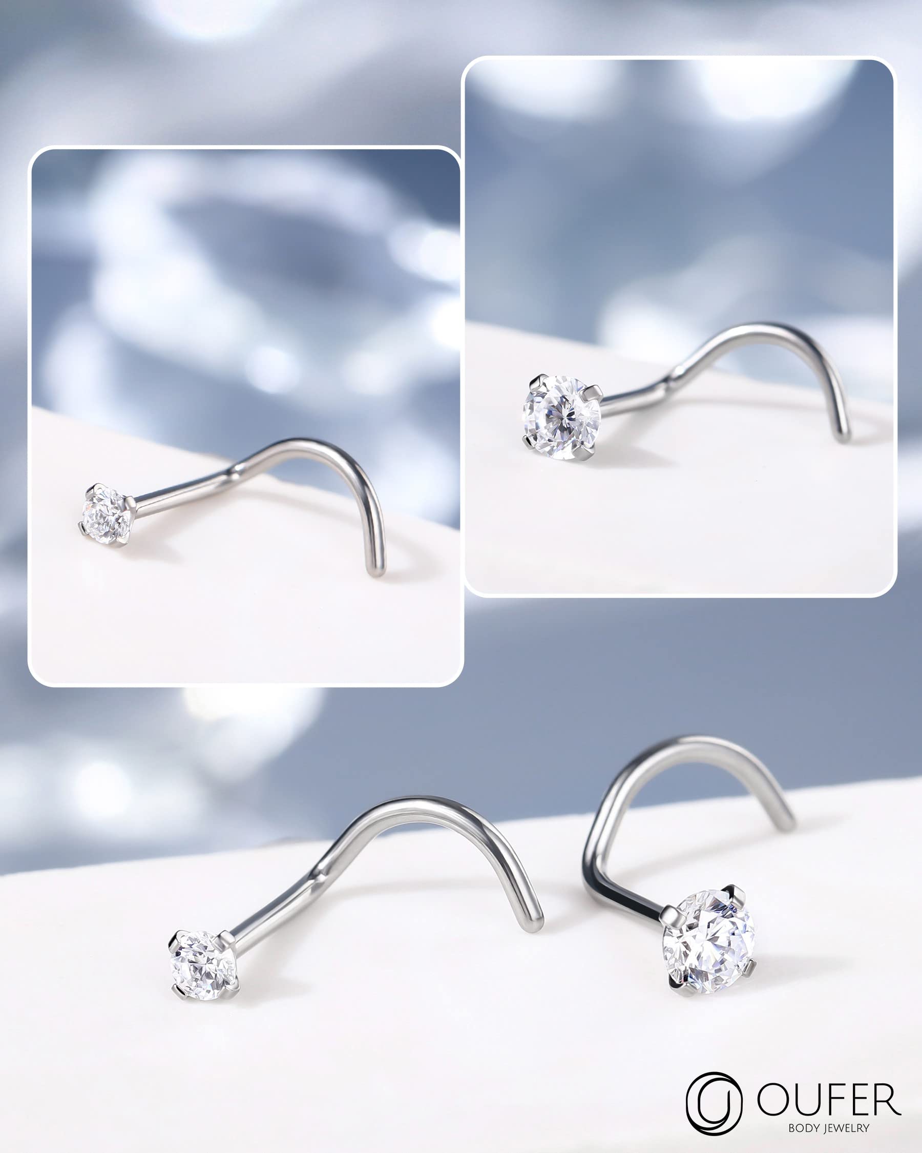 OUFER 20G Nose Screw Studs, G23 Solid Titanium Nose Studs, Round Clear CZ Paved Push-in Nose Rings, Nostril Piercing Jewelry for Women and Men-CZ 3MM