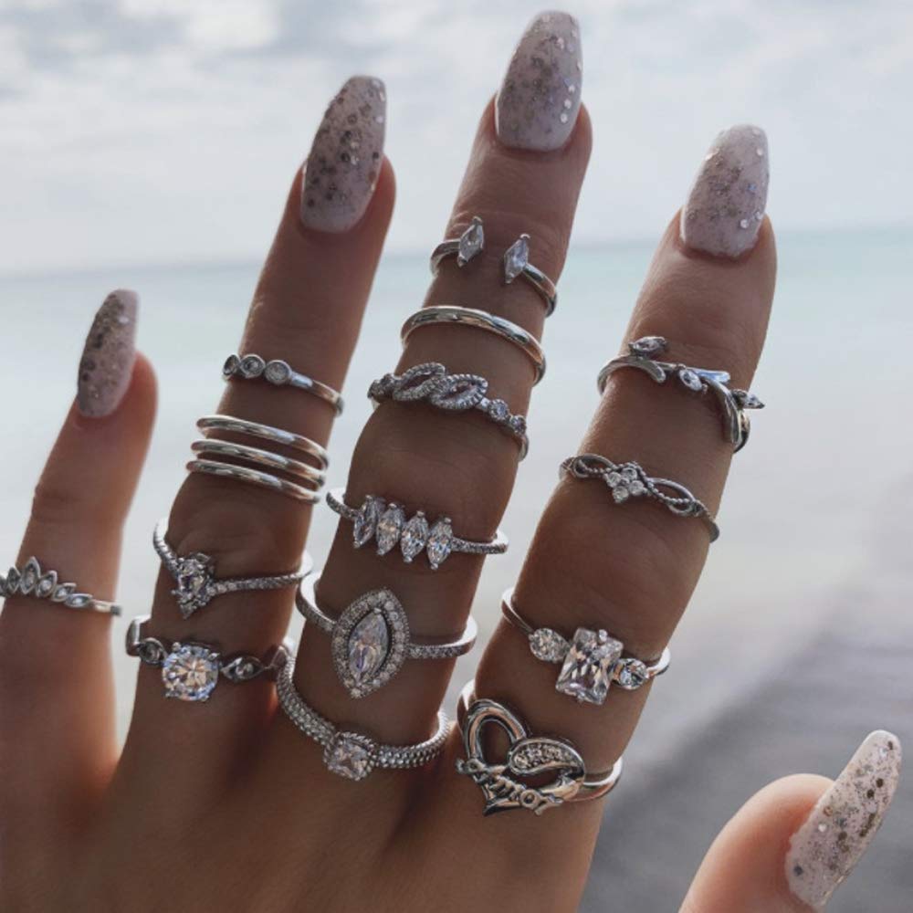Missgrace Vintage Boho Womens Silver Leaf Open Rhinestones Knuckle Rings for Girls Stackable Midi Joint Finger Ring Set Hollow Carved Flowers for Women 15Pcs (Style 3)