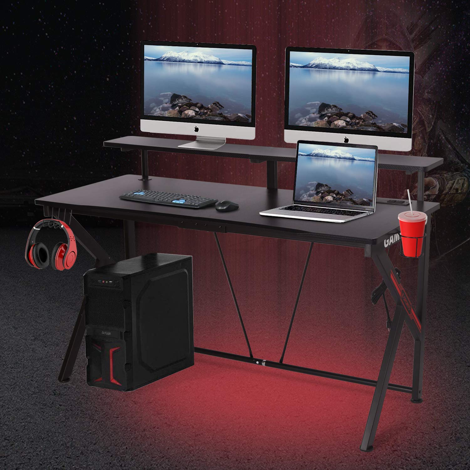 LYNSLIM Black Computer Gaming Desks - 55” W x 23” D Computer Table with Display Support Plate Cup Holder and Headphone Hook Large Surface E-Sport Gamer Workstation Desk Table for Home Office PC