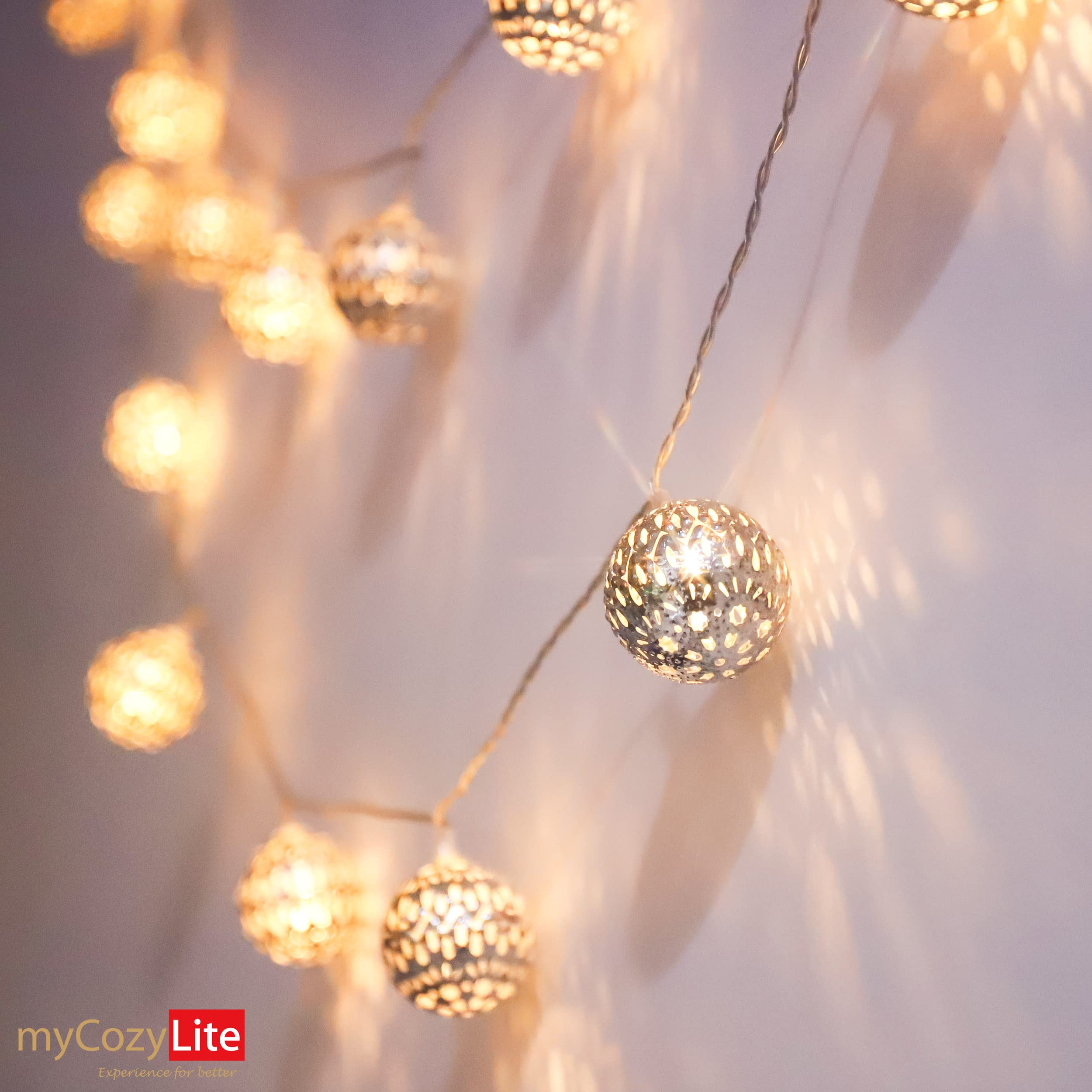myCozyLite LED Globe String Lights, Warm White Moroccan Lights, Battery Powered, Unique Pattern, 20 Silver Metal Globes, with Battery Save Timer, for Indoor and Outdoor,10ft