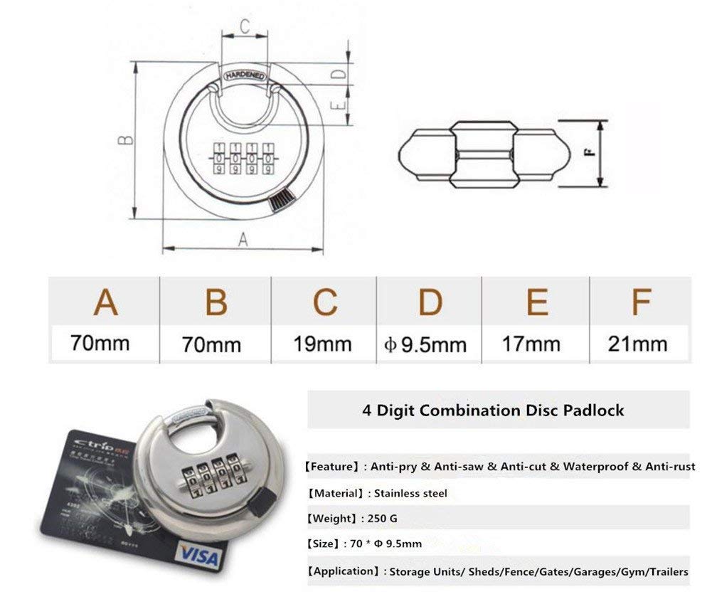 Stainless Steel Discus Padlock 4 Digit (3inch) Combination Lock Outdoor for Warehouse, Sheds, Storage Locker, Units (Silver,1)