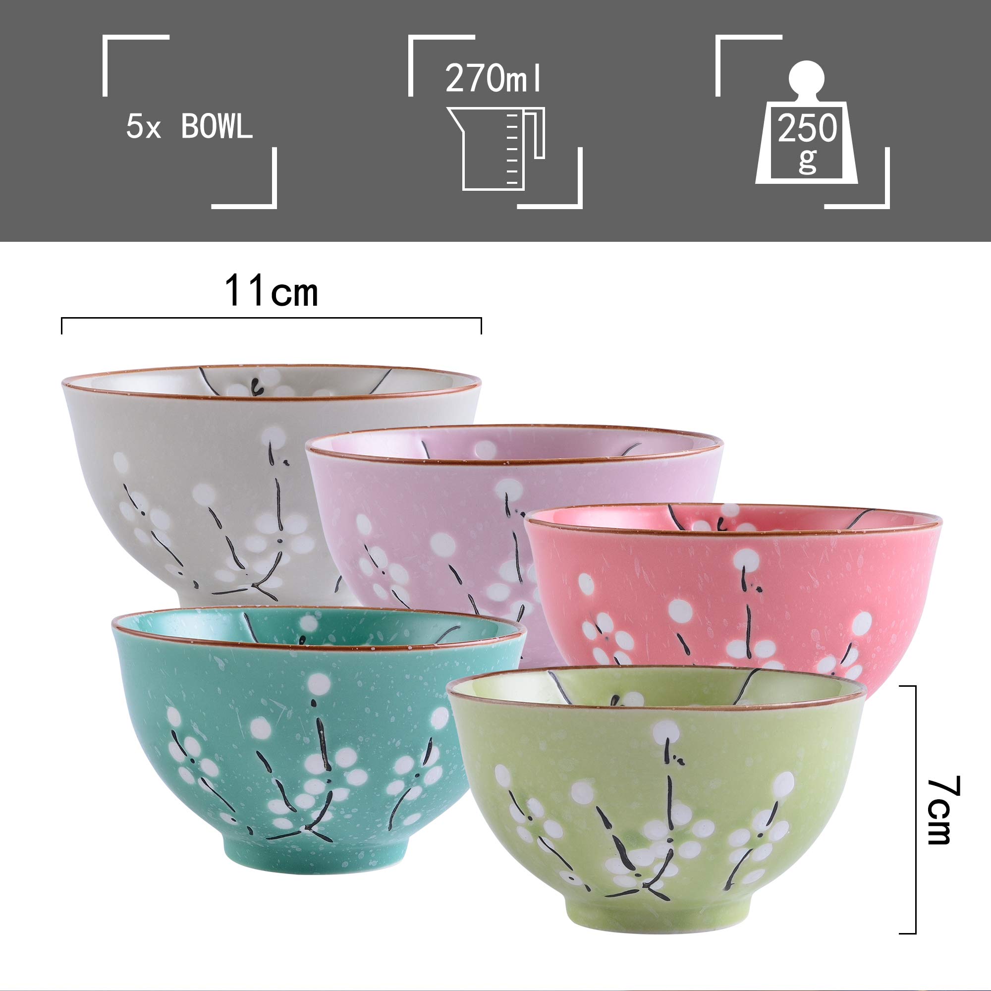 Panbado 5 Pcs Ceramic Bowls Set, 330ml Japanese Style Porcelain Bowls, 5 Colors Rice Bowl Set With White Cherry Blossom Pattern For Dessert Snack Cereal Soup
