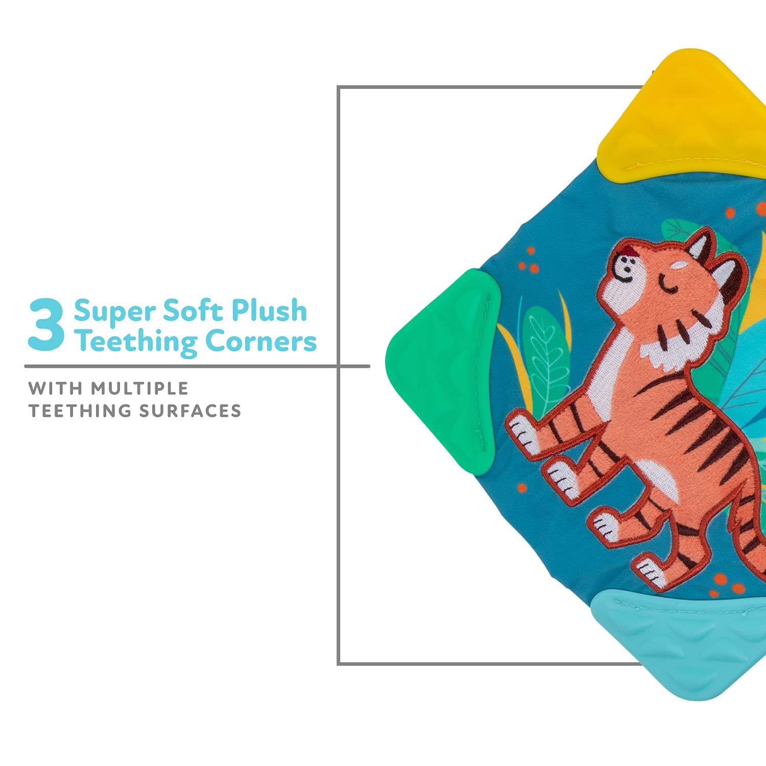 Nuby Plush Tiger Cuddle & Chew Teething Blankie with Squeaker & Connector Clip: 0 M +, Tiger, Multi