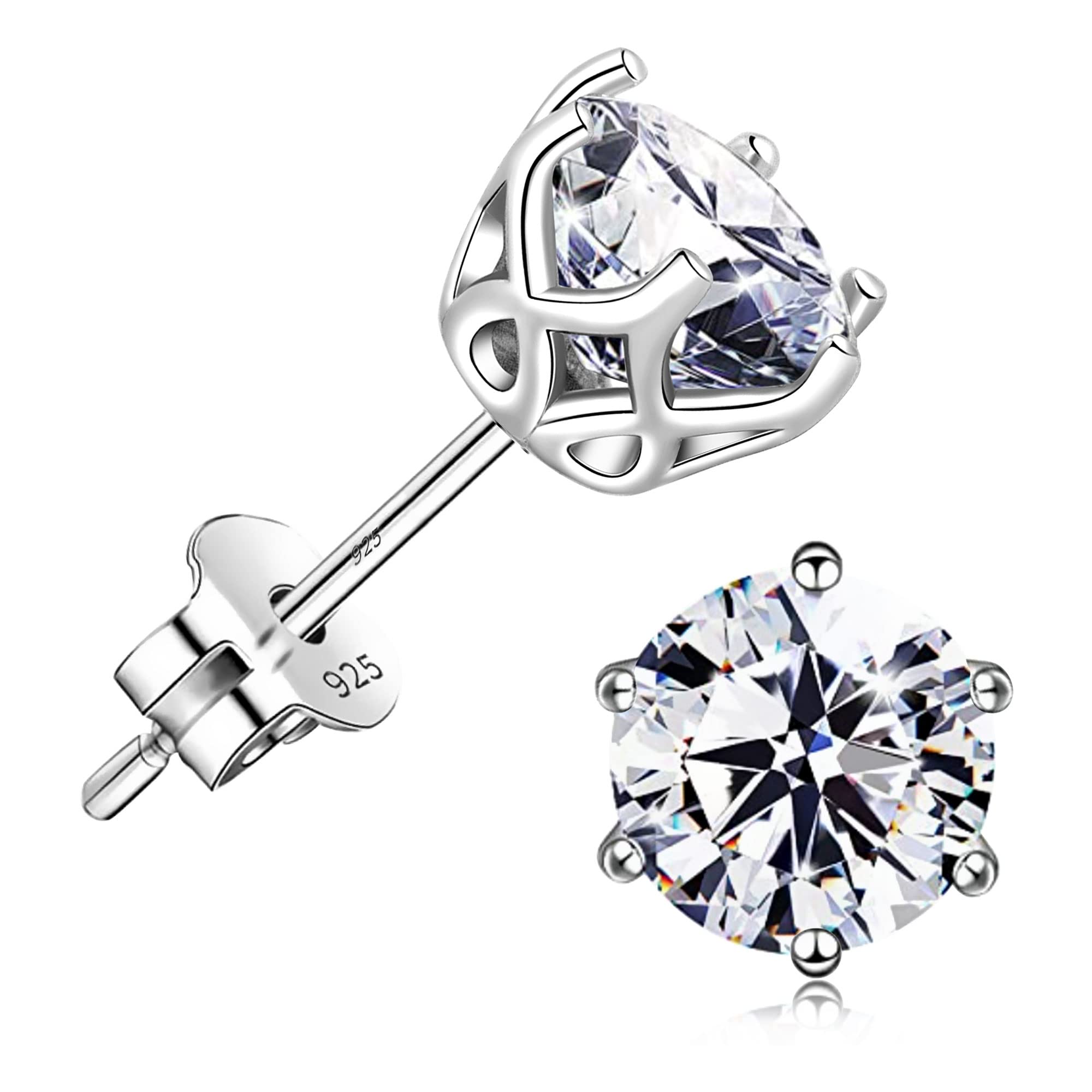 NEOSHOW 18K White Gold Plated Brilliant Cut Simulated Diamond Cubic Zirconia Sterling Silver Hypoallergenic CZ Stud Earrings for Women Men 6 Prongs Setting