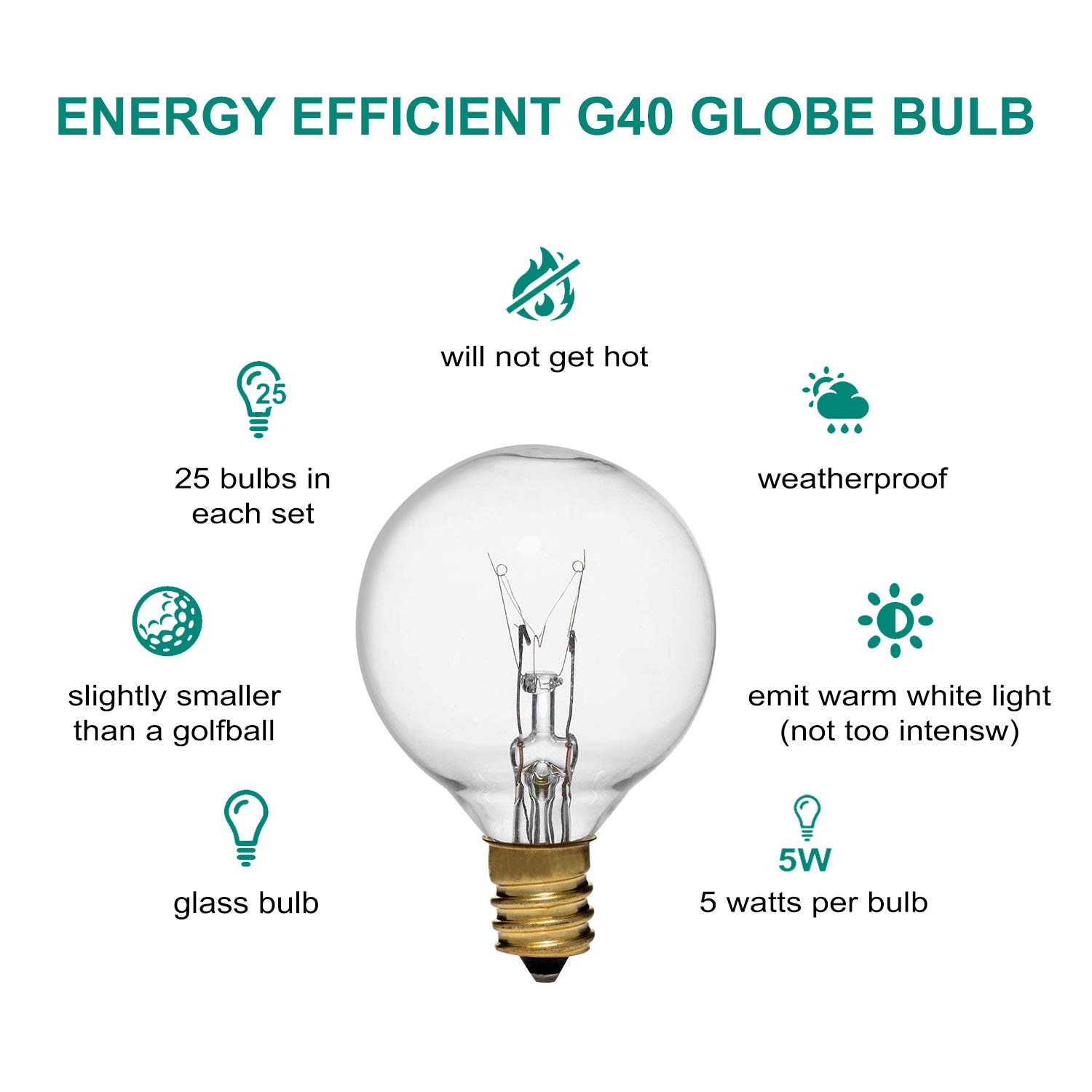 LEDESIGN 25-Pack G40 Incansedent String Light Bulbs, 5 Watt G40 Globe Light Bulbs, G40 Clear Replacement String Light Bulbs with Candelabra Screw Base, Fits E12 and C7 Sockets, Indoor-Outdoor Use