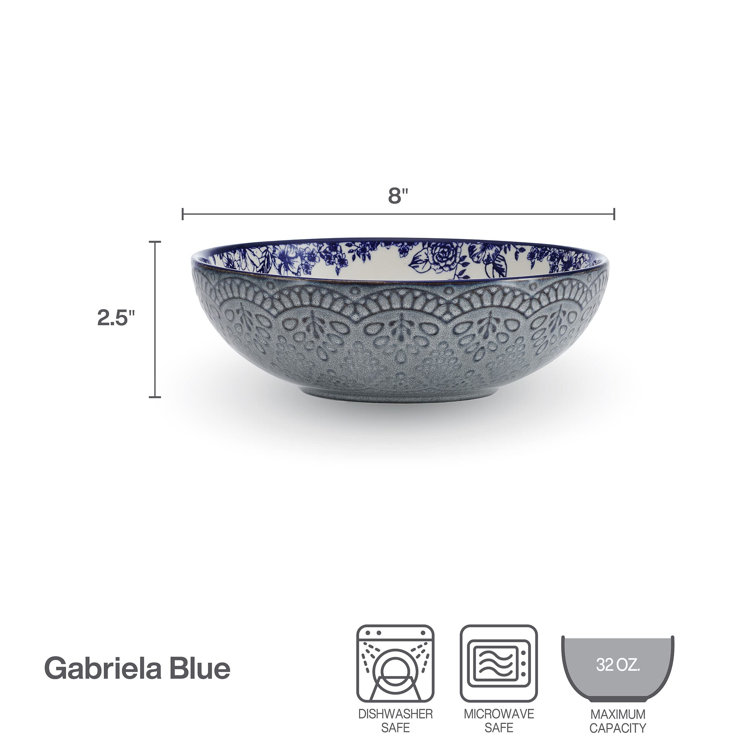 Pfaltzgraff Gabriela Blue Floral Set of 2 Pasta Bowls, 8 Inch, Blue and White