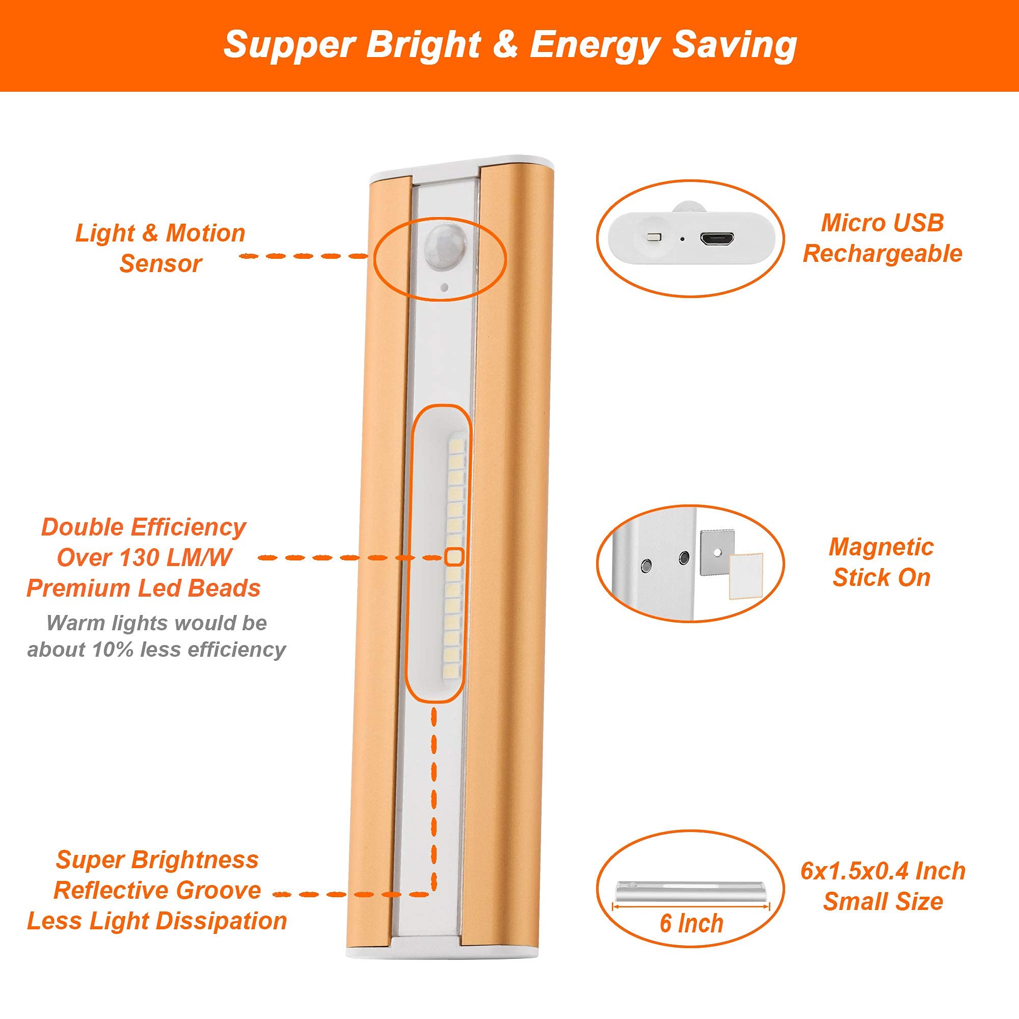 Motion Sensor Led Closet Lights - Super Bright Rechargeable Led Motion Sensor Light Indoor | Ultra Energy-Saving Under Cabinet Lighting Battery Operated Led Closet Light (6 Inch 0.75W 5700K Gold)