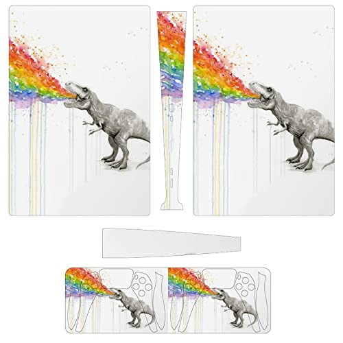 T-Rex Dinosaur Rainbow Puke Art Full Protective Skin Cover Design Wrap Decal Sticker Compatible with PS5 Digital Edition Console and Controller