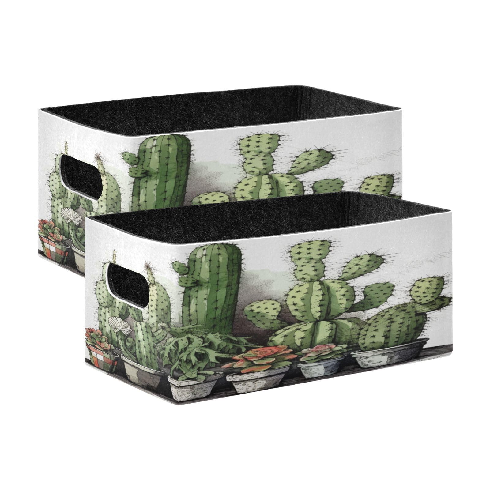 YETTASBIN Cactus Felt Storage Baskets with Handle, Collapsible Open Storage Bin Drawers Storage Box for Shelf Closet Office Bedroom Nursery Home, 2 Pack
