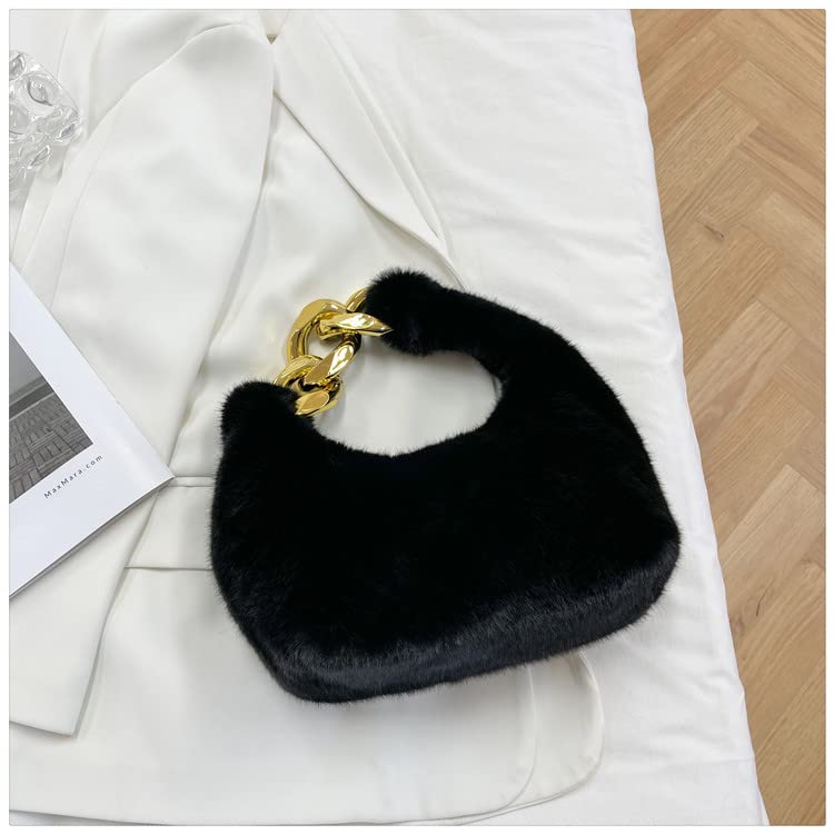 SsgdmnQ Women's winter black casual plush fashion metal chain cute handbag