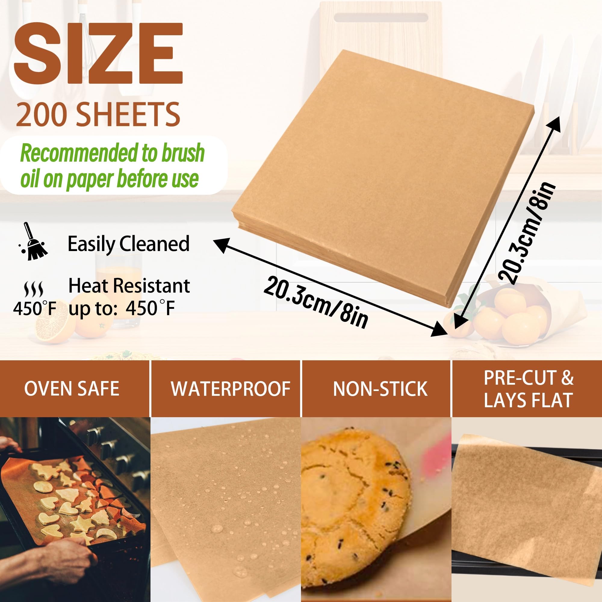 Tikxlafe 200 Pcs Parchment Paper Baking Sheets, 8"x8" Precut Non-Stick Baking Parchment Paper Sheets Bun Sheet Pan Liners.Baking Grilling Air Fryer Steaming Bread Cup Cake Cookie (Brown-8"x8")