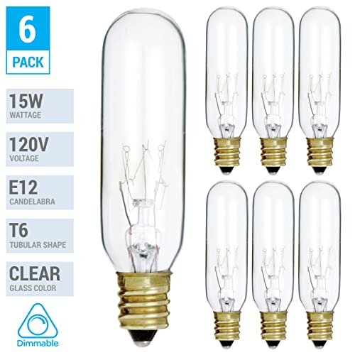 KOR (Pack of 6) 15T6/CL - 15 Watt T6 Clear Tubular - 120V - Candelabra (E12) Base - Incandescent Light Bulb