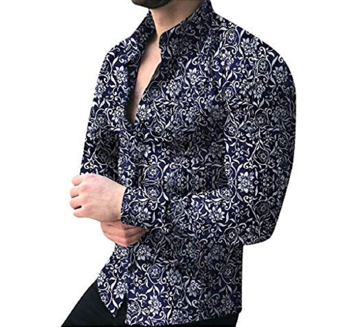 Men's Casual Hawaii Floral Printed Shirts Loose Long Sleeve Button Lapel T-Shirt Fashion Top Blouse